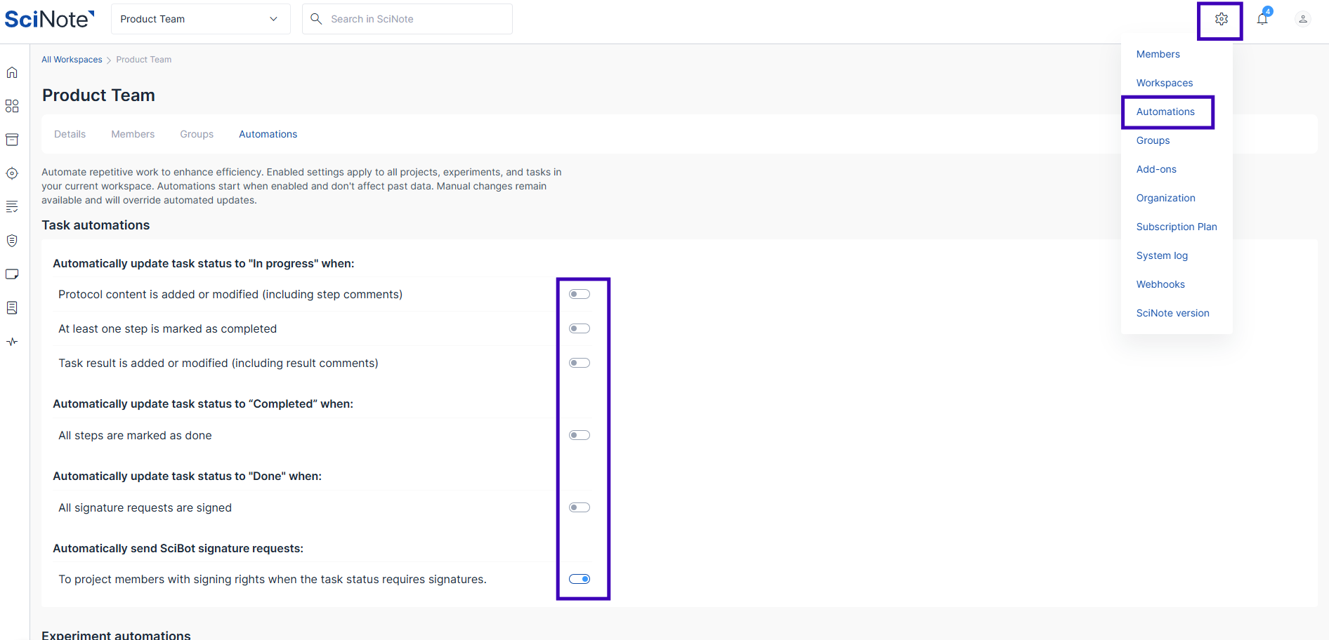 How do Status Automations work in SciNote?
